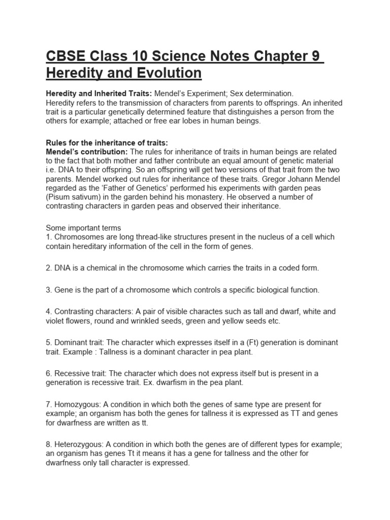 CBSE Class 10 Science Notes Chapter 9 Heredity and Evolution | PDF ...