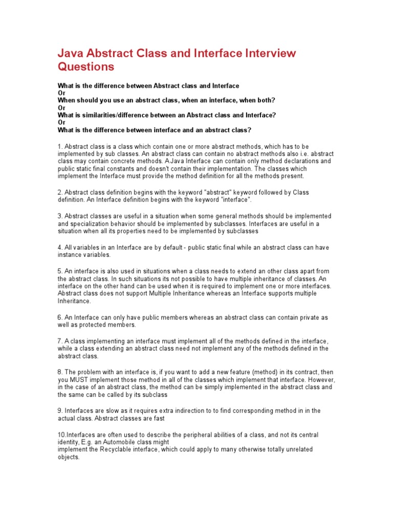 Java Abstract Class and Interface Interview Questions | PDF | Class ...