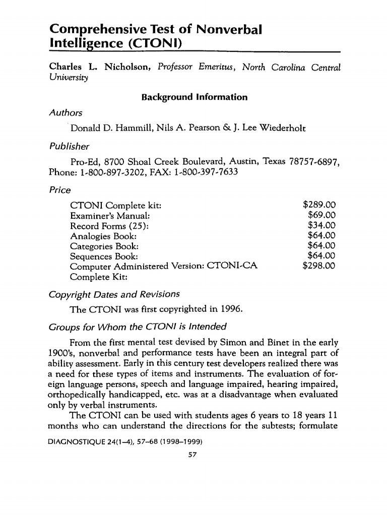 Comprehensive Test of Nonverbal Intelligence (CTONI) -- Nicholson ...