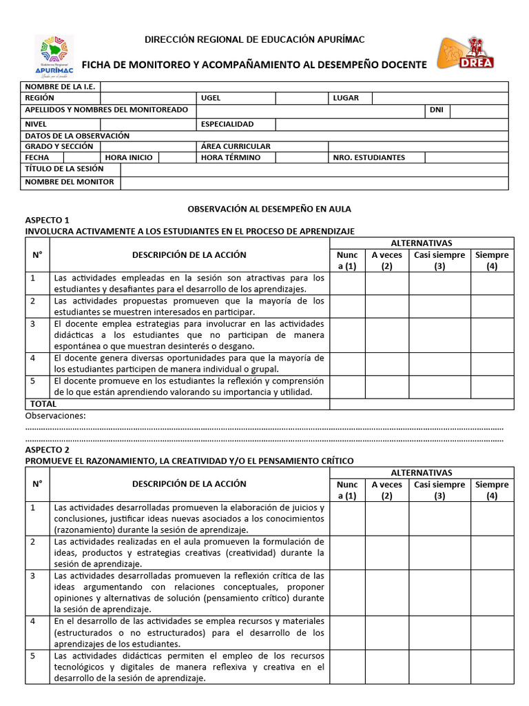 Ficha de Monitoreo Docente | Descargar gratis PDF | Aprendizaje | Pensamiento