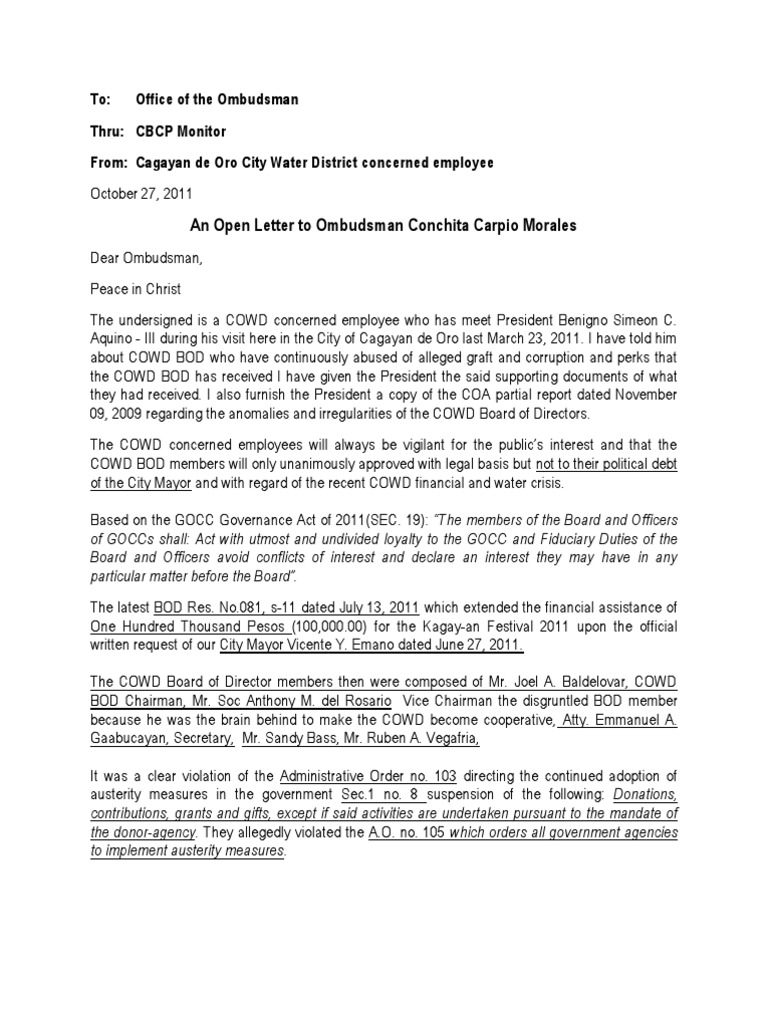 An Open Letter Office of The Ombudsman | PDF | Board Of Directors ...
