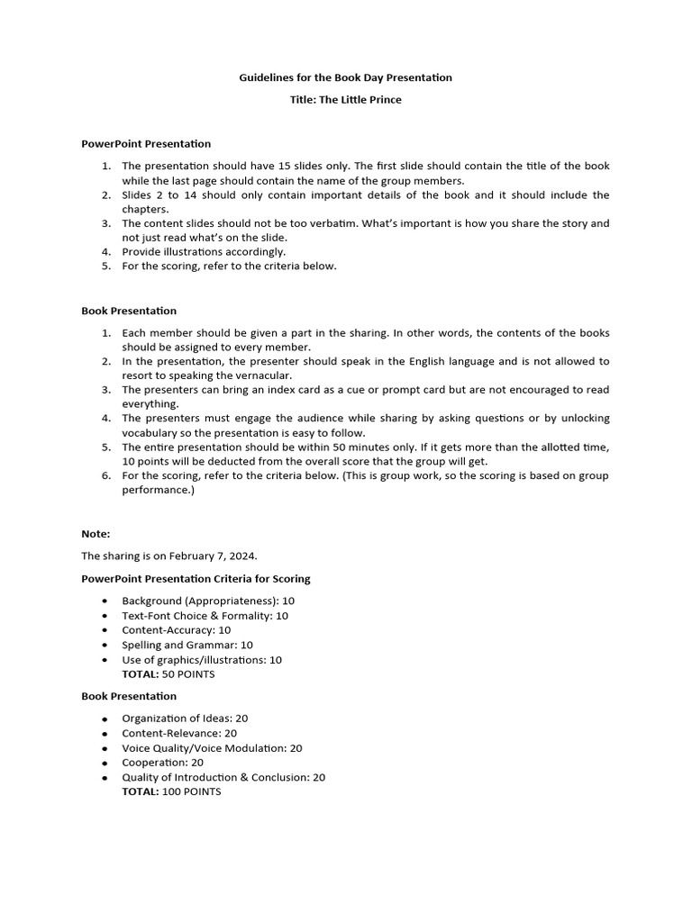 Guidelines For The Book Day Presentation | PDF | Career & Growth