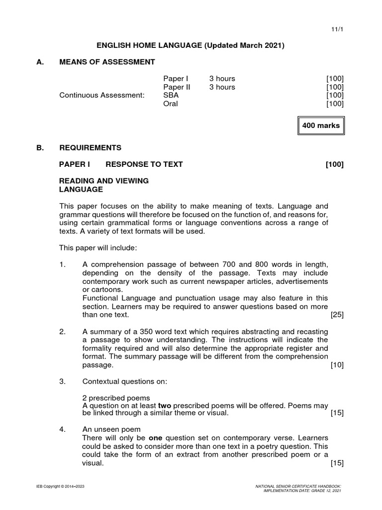 ENGLISH HOME LANGUAGE 2023 (Updated March 2021) | PDF | Reading ...