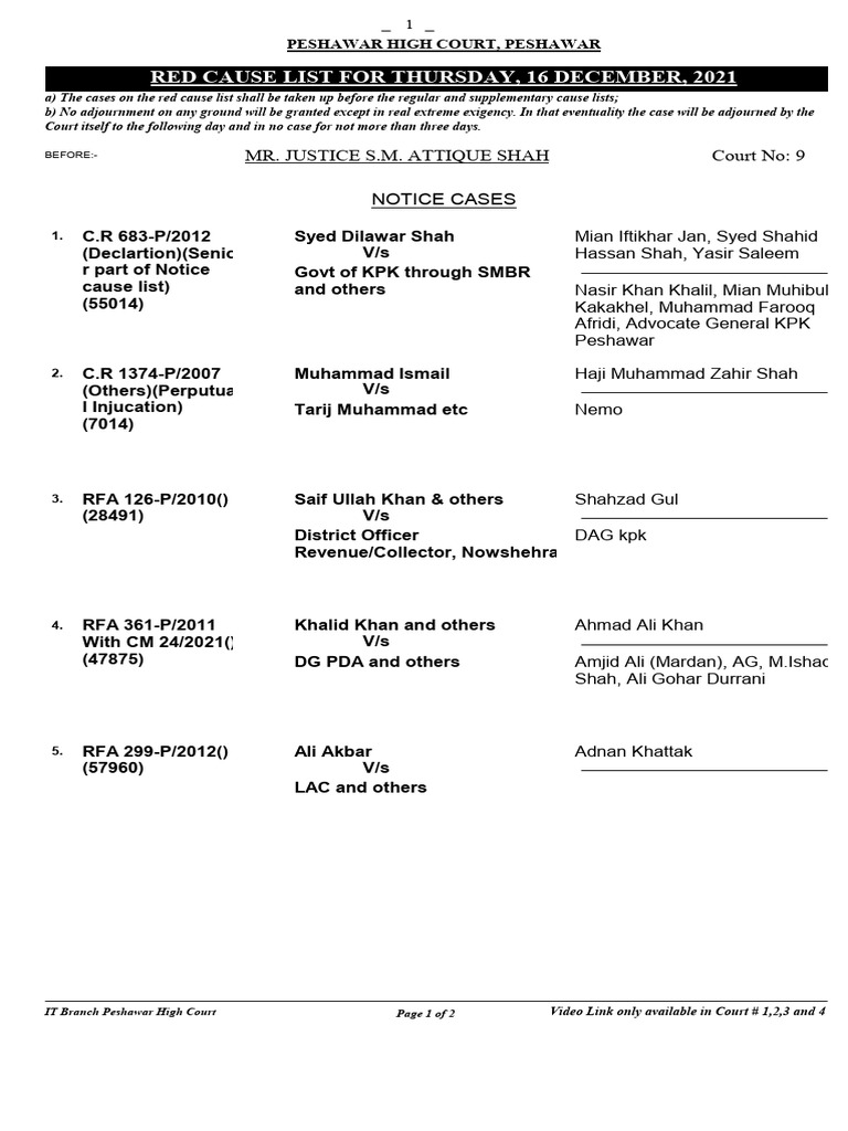 Peshawar High Court Case List | PDF | Khyber Pakhtunkhwa | Pakistan