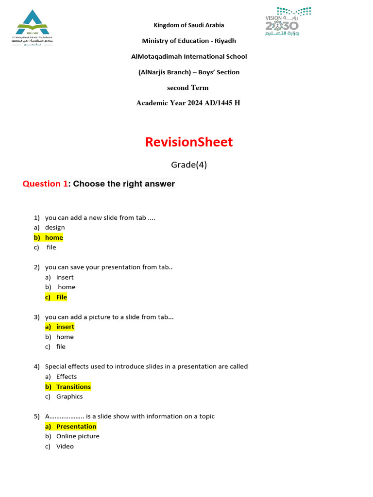 Final Revision Sheet Grade 4 | PDF | Multimedia | Software