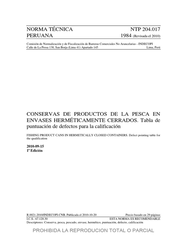 NTP 204.017-Conservas Tabla de Puntuación de Defectos | PDF | Carne | sal