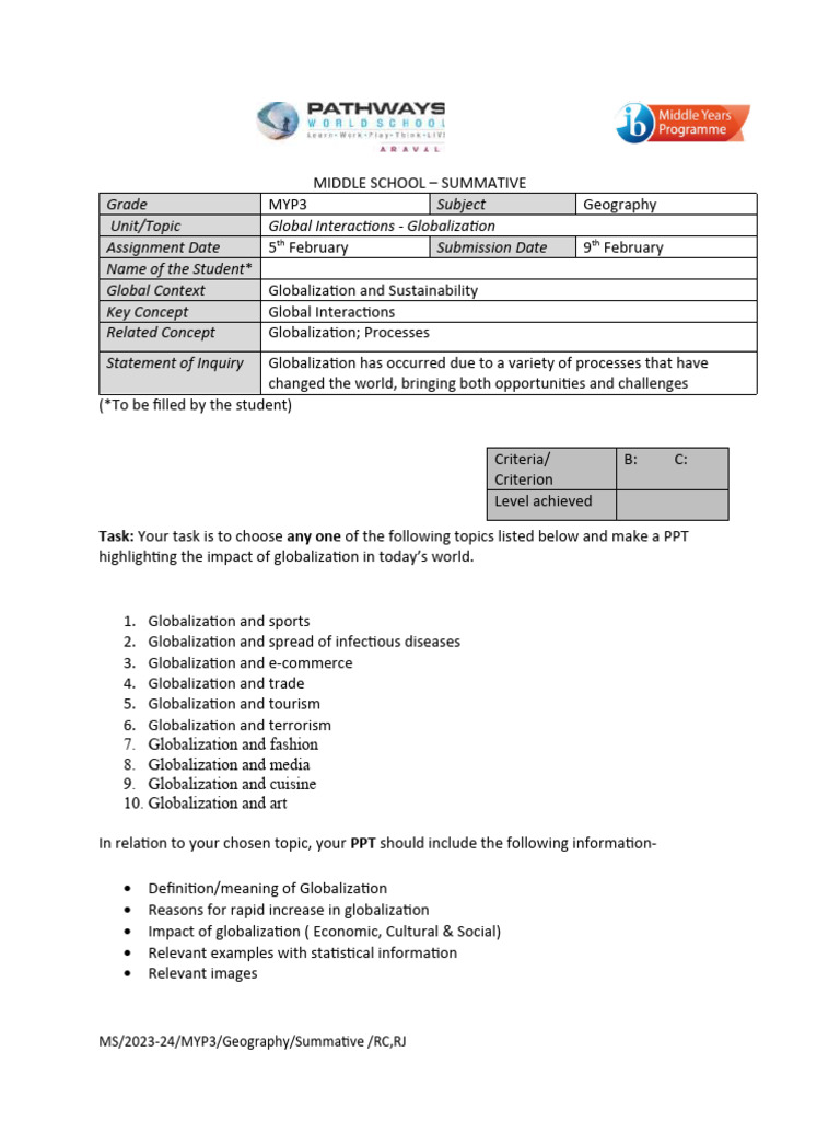 PWSUNP2311TSK3-MYP3 Global Interactions Project Task Sheet | PDF ...