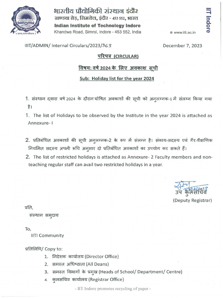 Circular - Holidays 2024 | PDF