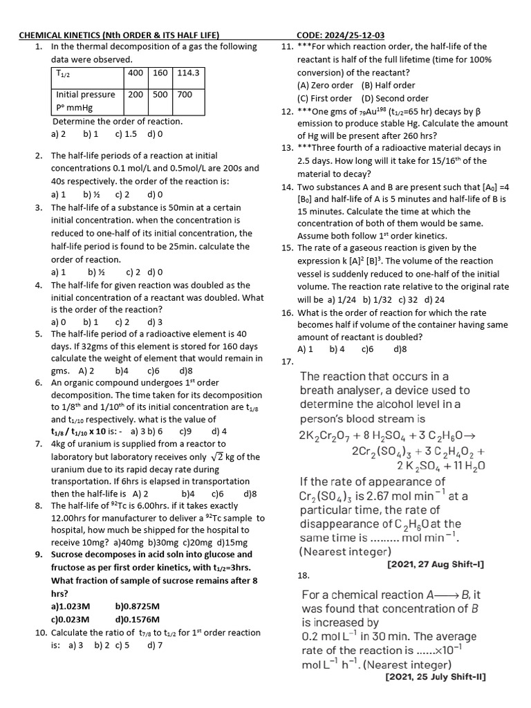 DPP-03 Chemical Kinetics | PDF | Radioactive Decay | Chemical Kinetics