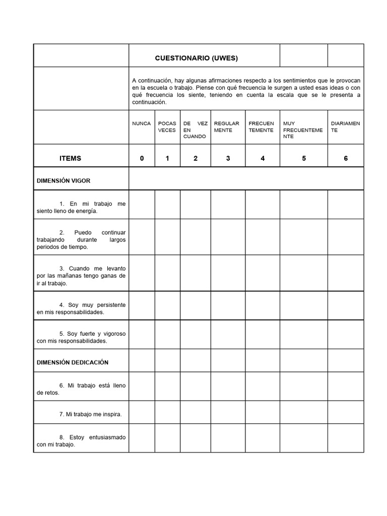 CUESTIONARIO UWES_MOTIVACION LABORAL | PDF