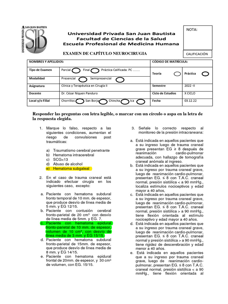 Neuro Ex | PDF | Lesión cerebral traumática | Especialidades Medicas
