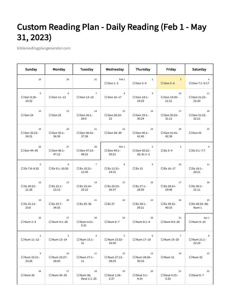 Custom Reading Plan - Daily Reading (Feb 1 - May 31, 2023) - Bible ...