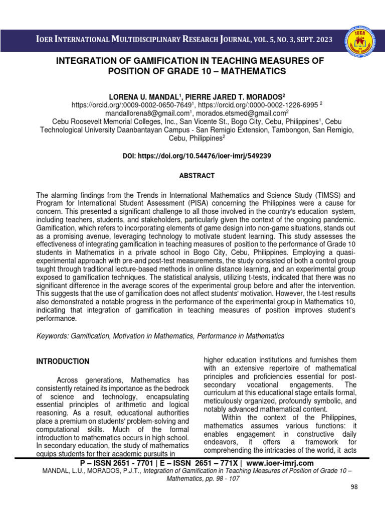 Integration of Gamification in Teaching Measures of Position of Grade 10 - Mathematics | PDF ...