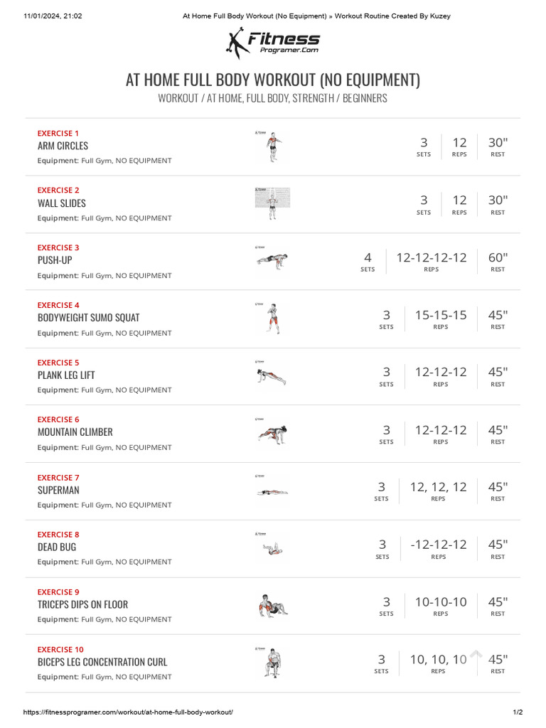 At Home Full Body Workout (No Equipment) Workout Routine Created by ...
