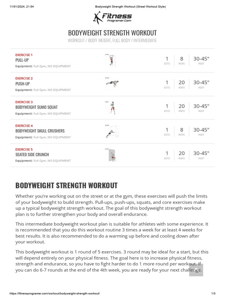 Bodyweight Strength Workout (Street Workout Style) | PDF | Physical ...