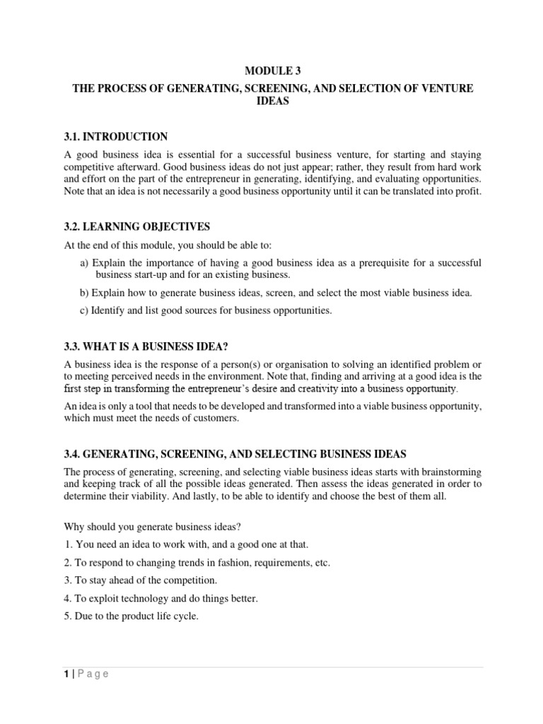 Business Idea Generation and Screening | PDF | Swot Analysis ...