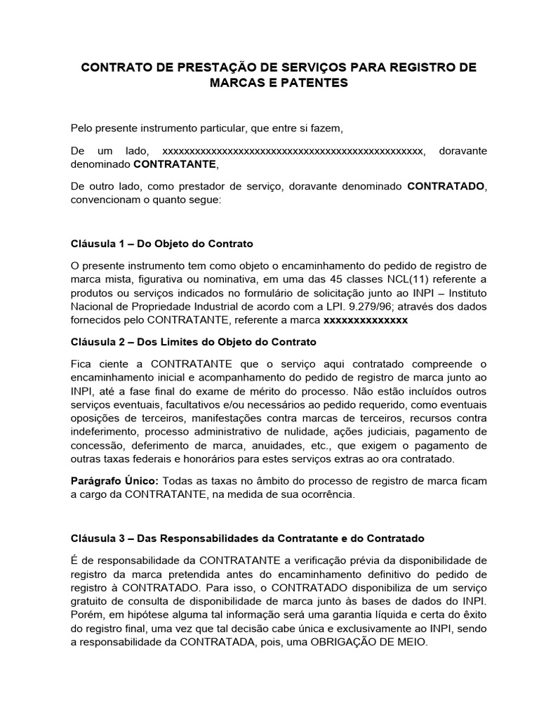 Modelo Contrato de Prestação de Serviços para Registro de Marcas e ... Modelo Contrato de Prestação de Serviços para Registro de Marcas e ...