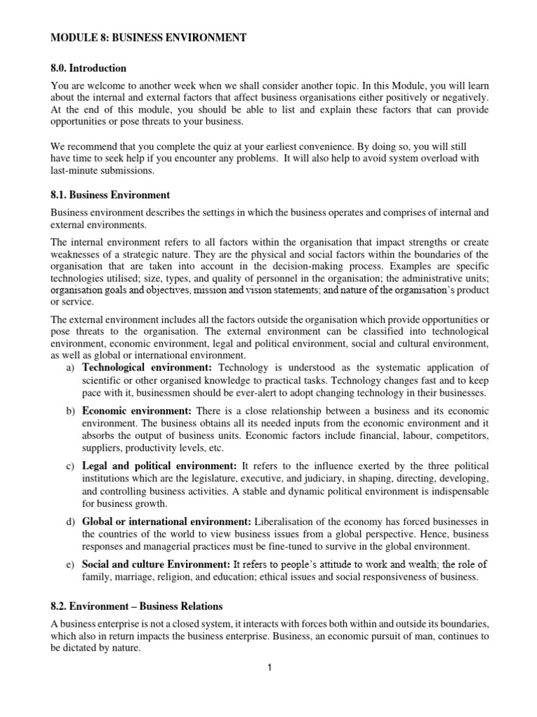 Module 8 - Business Environment | PDF | Swot Analysis | Business