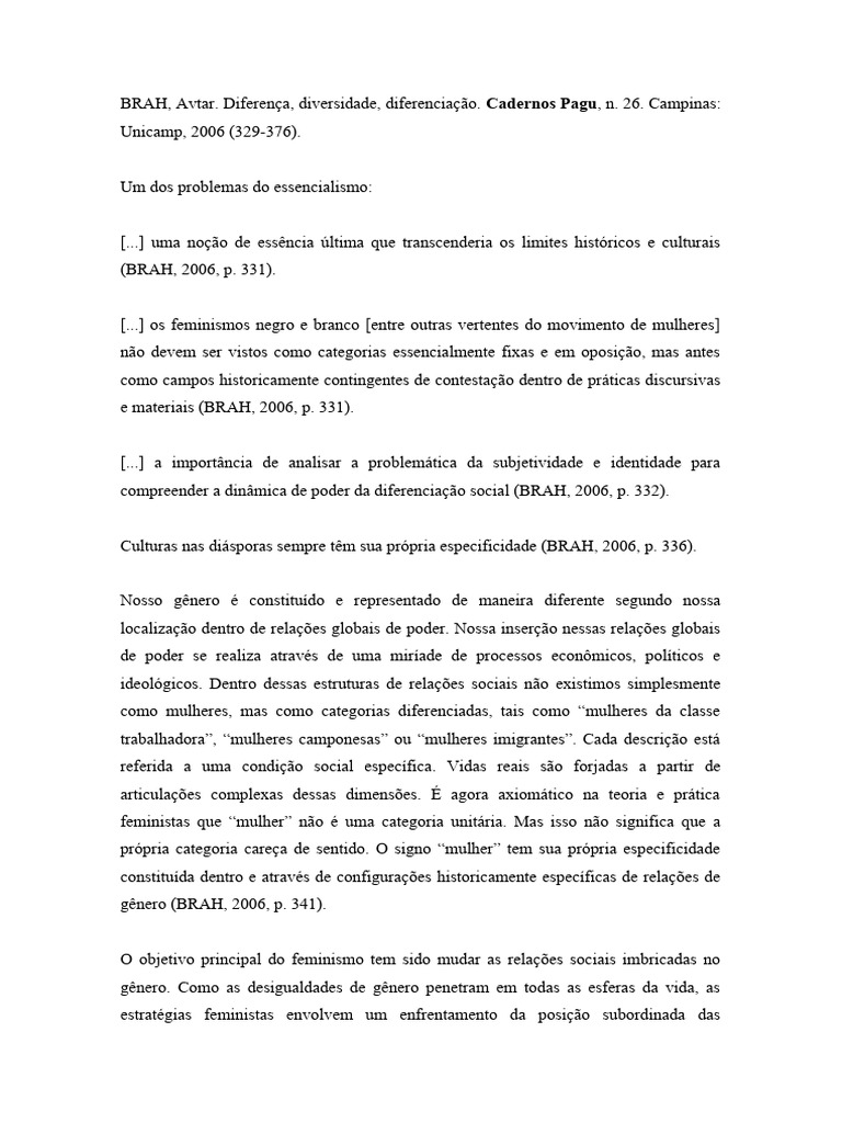 BRAH, Avtar. Diferença, diversidade, diferenciação | PDF | Sociologia ...
