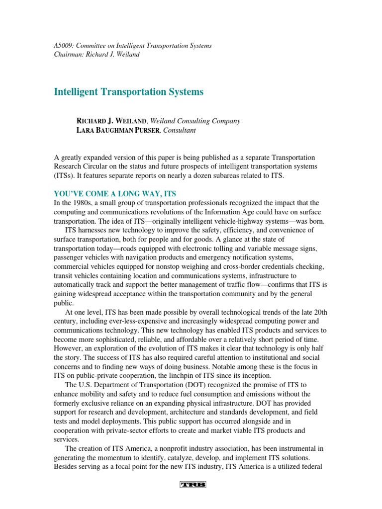 Intelligent Transportation Systems: R J. W L B P | PDF | Transport | Infrastructure