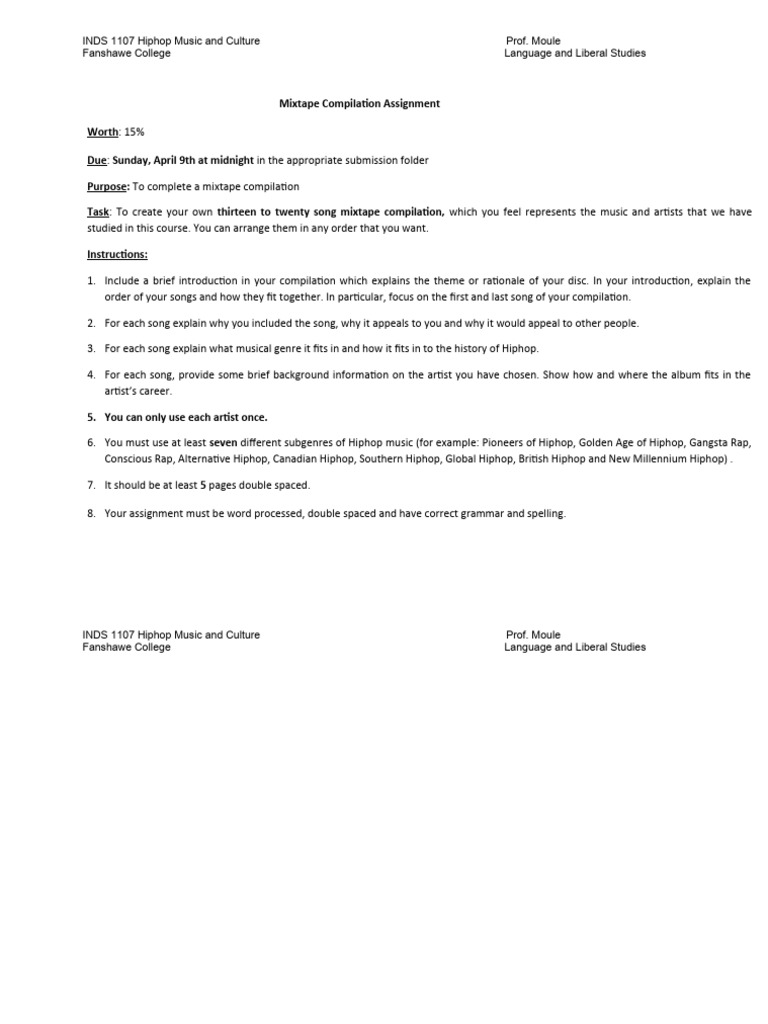 Mixtape Compilation Assignment Guide | PDF | Language Arts & Discipline ...