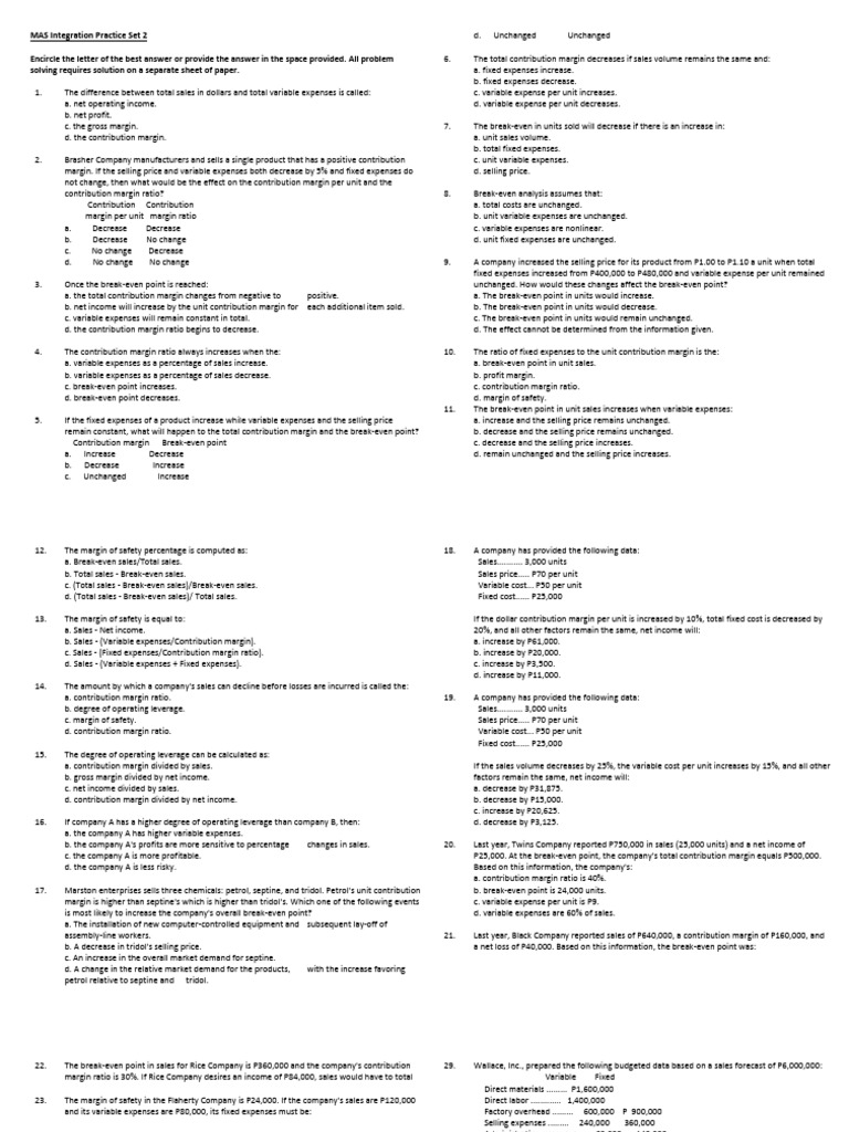 MAS Integration Exercise 2 CVP | PDF | Management Accounting | Marketing