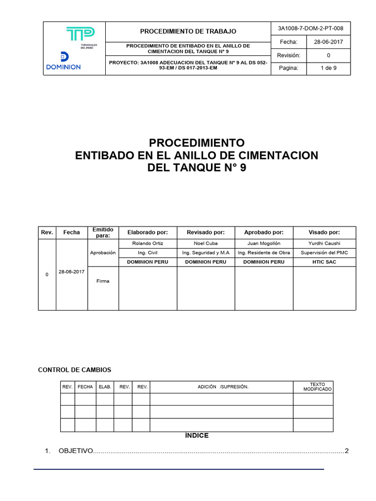 3A1008-7-DOM-2-PT-008 Proc. Entibado en El Anillo de Cimentacion Del Tanque N°9 Rev. 0 | PDF ...