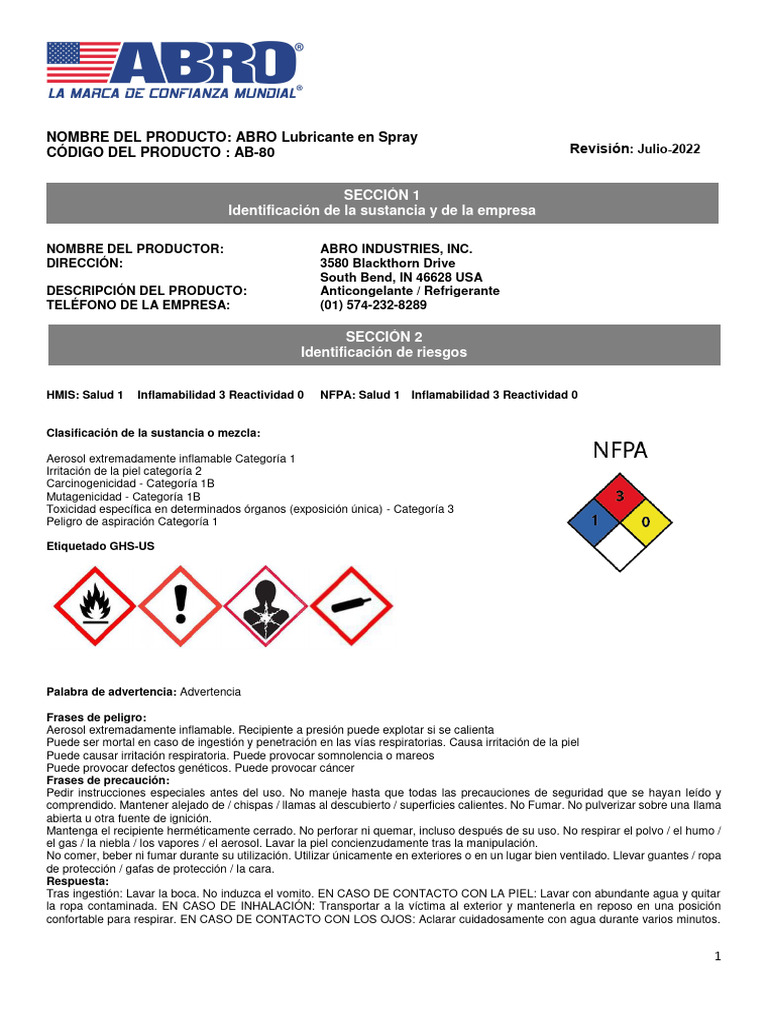 SDS_AB-80_Lubricante_en_spray | PDF | Residuos | Gestión de residuos