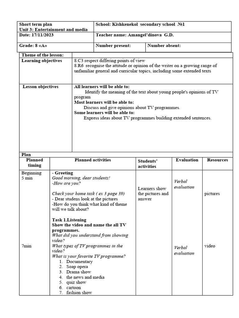 Lesson Plan 17.11.23 | PDF | Television | Entertainment