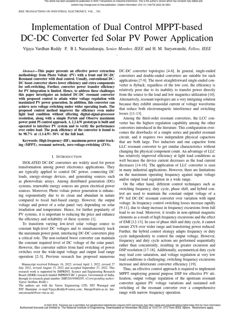 Implementation of Dual Control MPPT-based DC-DC Converter Fed Solar PV Power Application | PDF ...