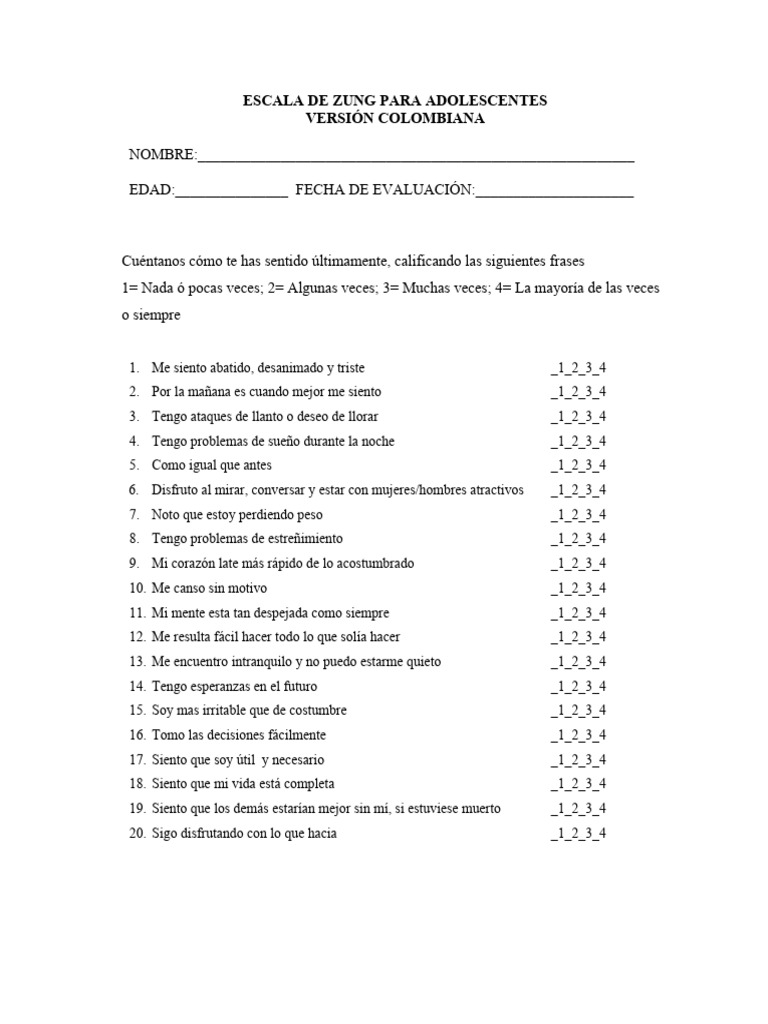 Escala de Zung. Colombiana | PDF | Depresión (estado de ánimo)
