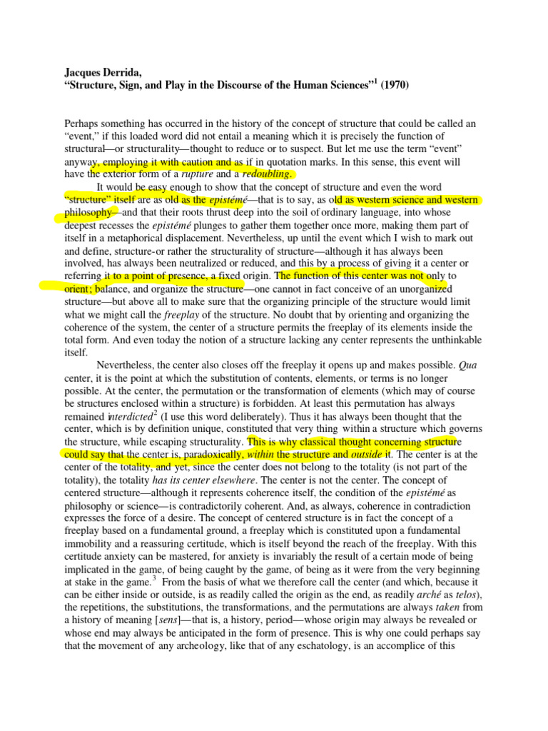 Derrida - Structure, Sign and Play in The Discourse of The Human ...