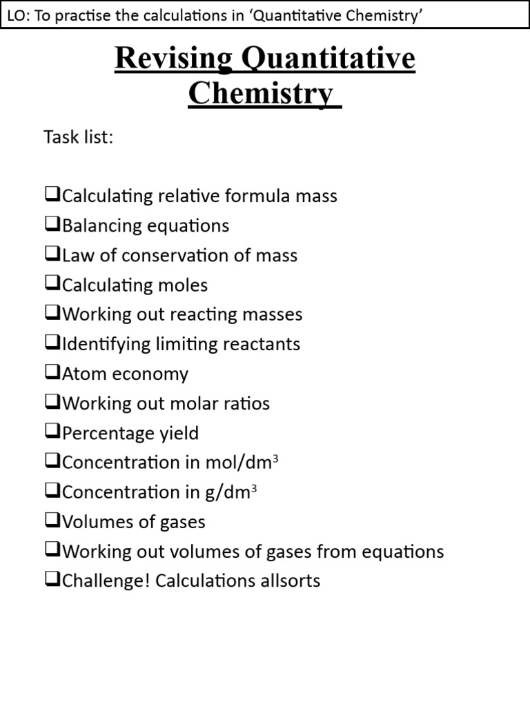 Quantitative Chemistry Calculations Guide | PDF | Stoichiometry | Mole ...