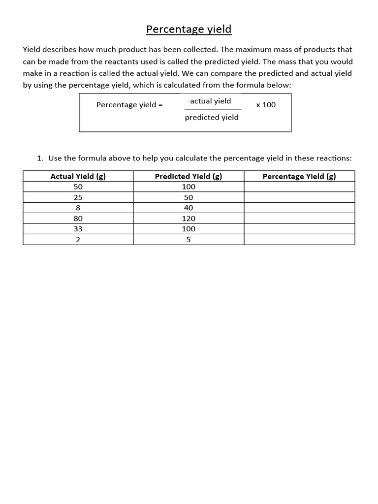 Percentage Yield Calculations Worksheet | PDF