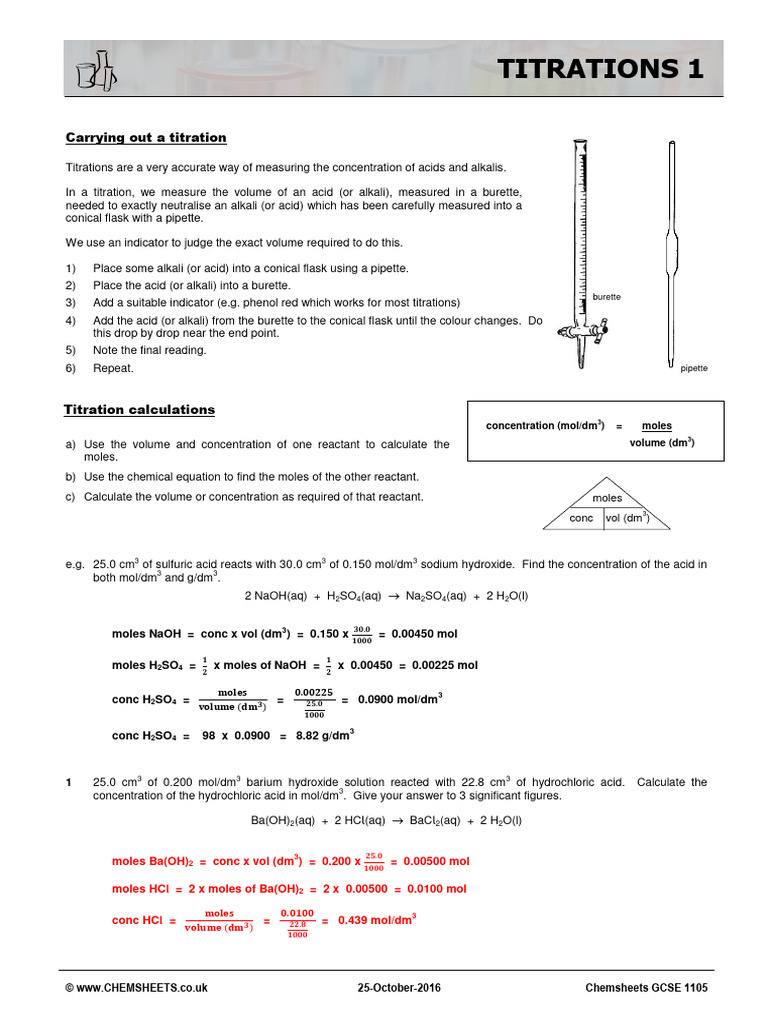 Chemsheets GCSE 1105 (Titrations 1) ANS 93ghs | PDF | Chemistry | Titration