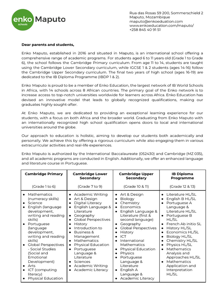 Enko Maputo School Brief 2024 en | PDF | Foreign Language Studies