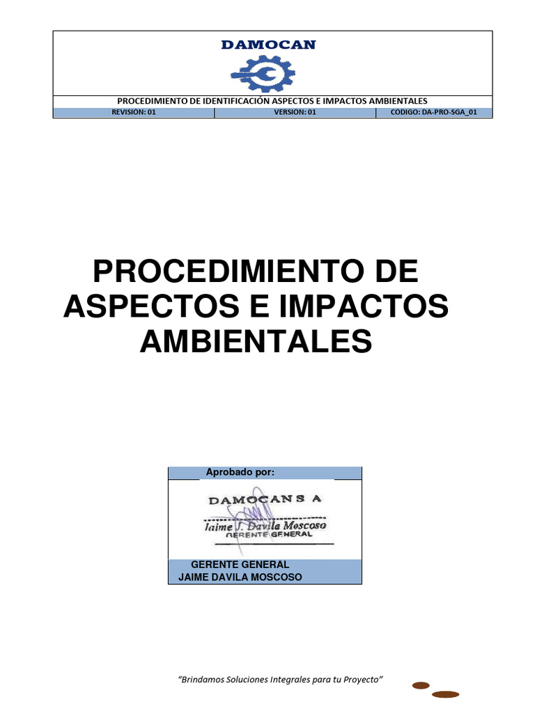 DA-PRO-SGA - 01. Procedimiento para La Identificación de Aspectos y Evaluación de Impactos | PDF ...