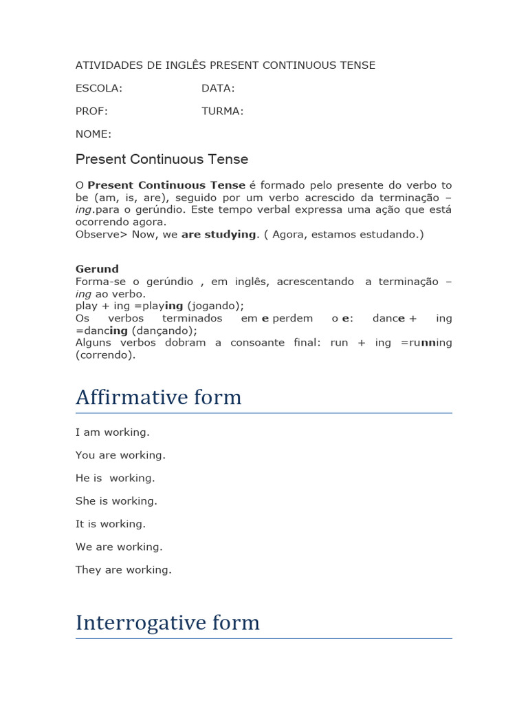 Atividades de Inglês Present Continuous Tense | PDF