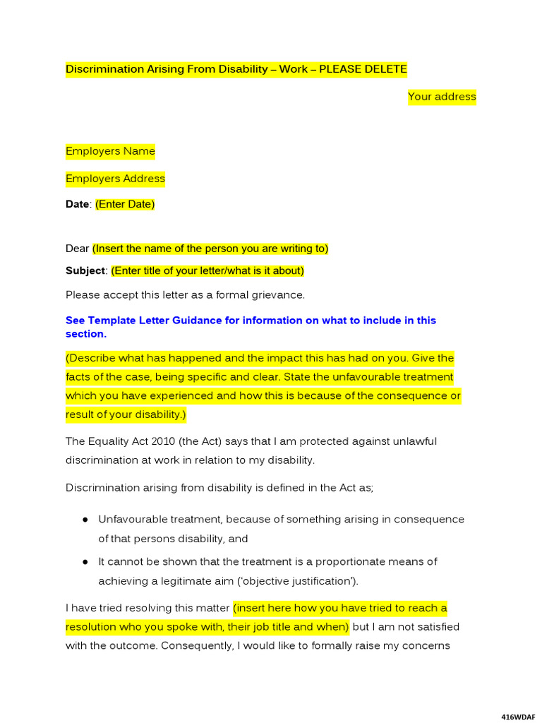 416WDAF Template Letter Work (Discrimination Arising From Disability) | PDF