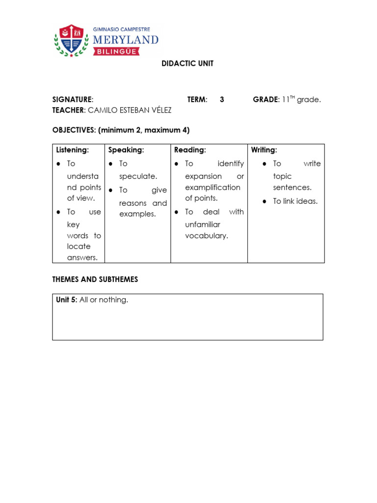 DIDACTIC UNIT 11th Grade 3th Period | PDF | English Language | Vocabulary