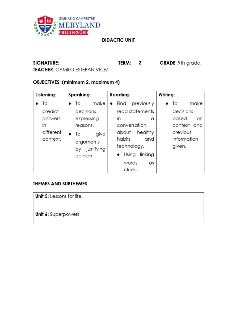 DIDACTIC UNIT 9th Grade 3th Period | PDF | Sentence (Linguistics ...