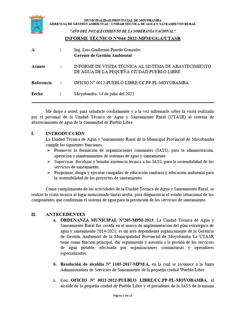 Informe Tecnico N 044 - Pueblo Libre | PDF | Saneamiento | Agua