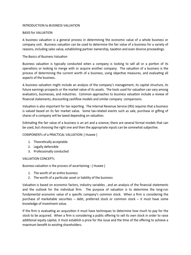 Introduction To Business Valuation | PDF | Valuation (Finance ...