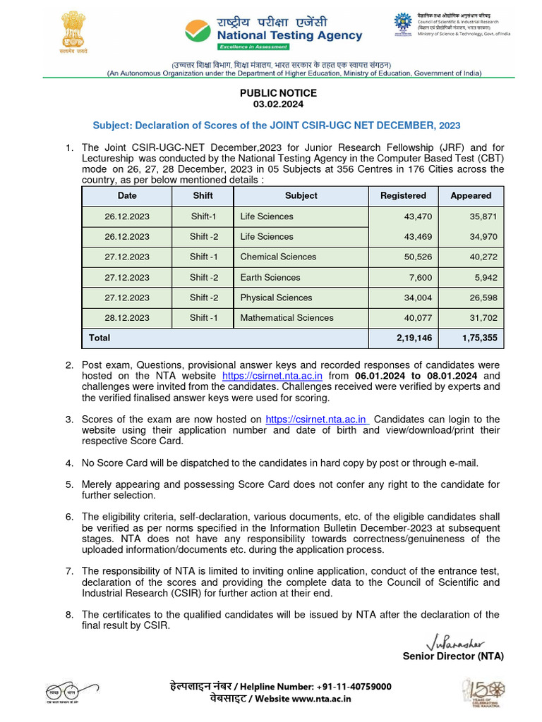 Public Notice Declaration of Scores of The Joint Csir Ugc Net December 2023 | PDF | Science