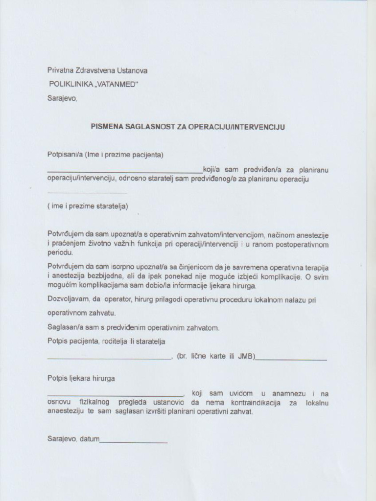 Pismena Saglasnost Pacijenta | PDF