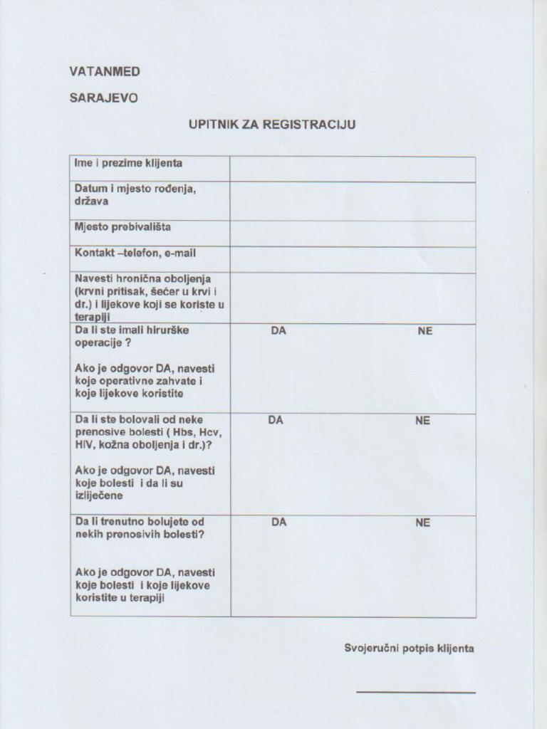 Upitnik Za Registraciju | PDF