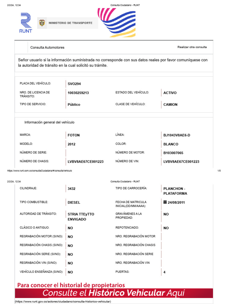 Consulta Ciudadano - RUNT | PDF | Vehículos terrestres | Vehículo de motor