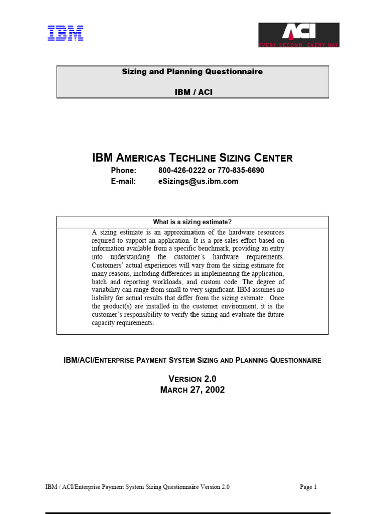 Ibm-Aci Sizing Questionnaire 040602 | PDF | Debit Card | Central Processing Unit