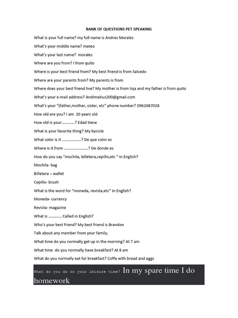 Bank of Questions Pet Speaking | PDF