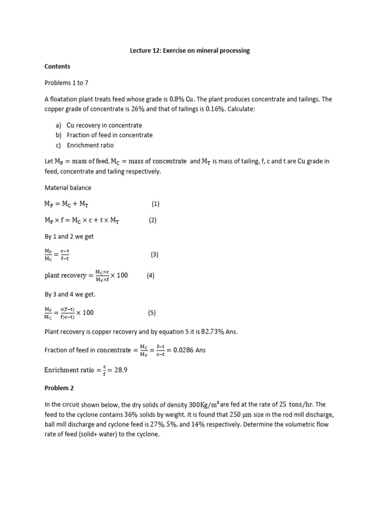 Lecture 12 Exercises On Mineral Processing | PDF | Density | Materials